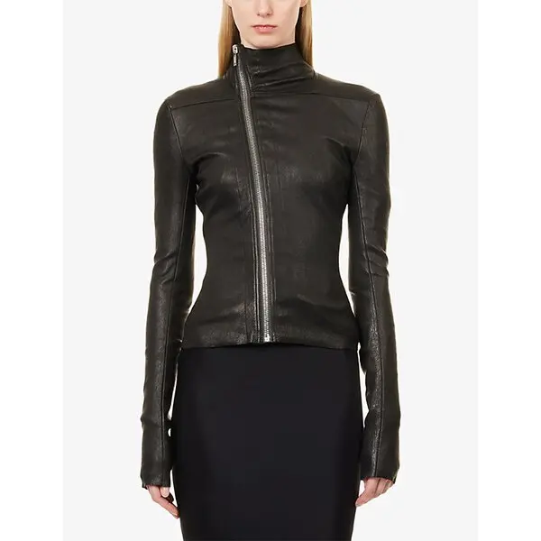 Rick Owens Asymmetrical Zip Leather Jacket - Black