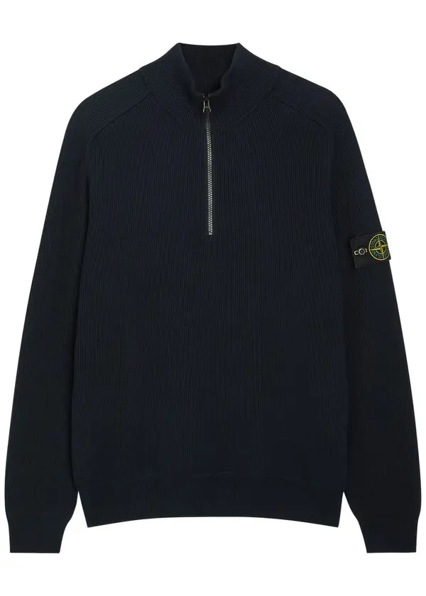 Stone Island Logo-appliqué Ribbed Cotton-knit Half-zip Jumper - Navy