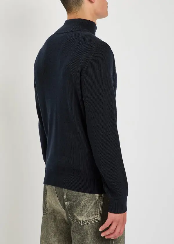 Stone Island Logo-appliqué Ribbed Cotton-knit Half-zip Jumper - Navy