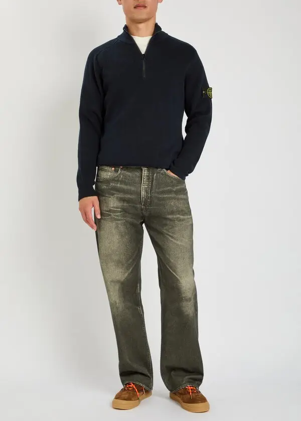 Stone Island Logo-appliqué Ribbed Cotton-knit Half-zip Jumper - Navy
