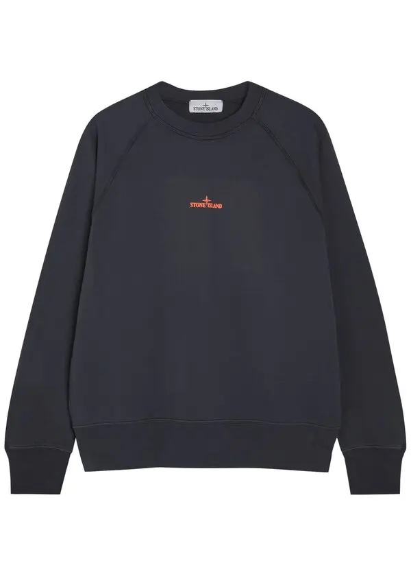 Stone Island Printed Cotton Crewneck Sweatshirt With Raglan Sleeves - Navy