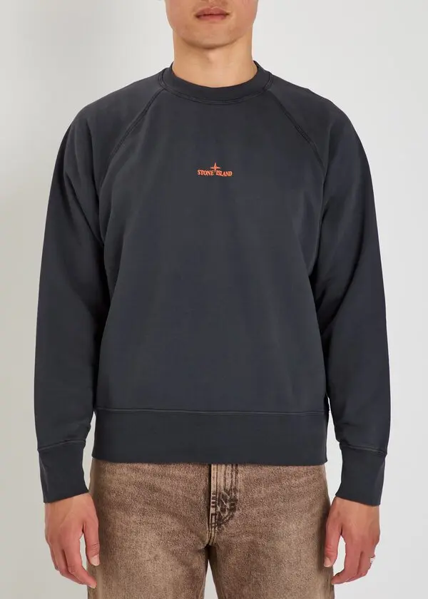 Stone Island Printed Cotton Crewneck Sweatshirt With Raglan Sleeves - Navy