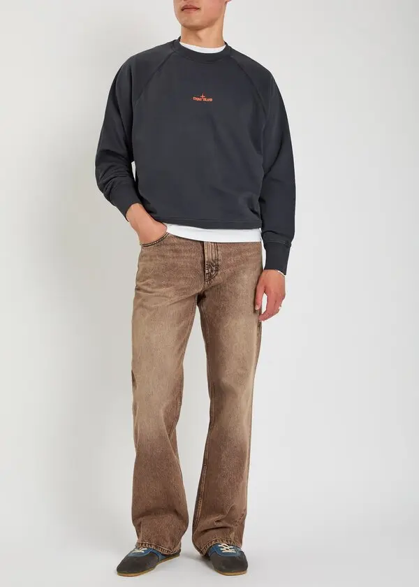 Stone Island Printed Cotton Crewneck Sweatshirt With Raglan Sleeves - Navy