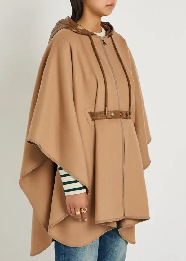 Moncler Belted Wool-blend Cape Coat With Drawstring Hood