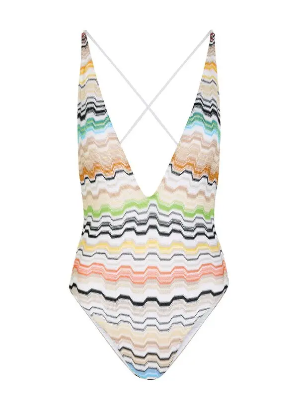 Missoni Patterned Fine-knit V-neck One-piece Swimsuit - Multicoloured