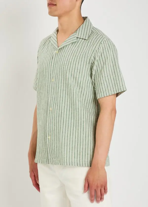 LES DEUX Striped Cotton And Linen-blend Shirt - Light Green