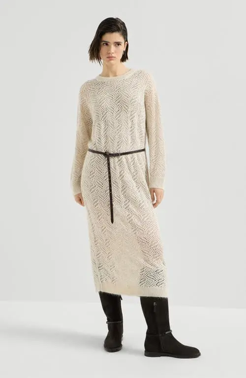 Brunello Cucinelli Dazzling Abstract Leaf Knit Dress In Mohair And Wool - Cream