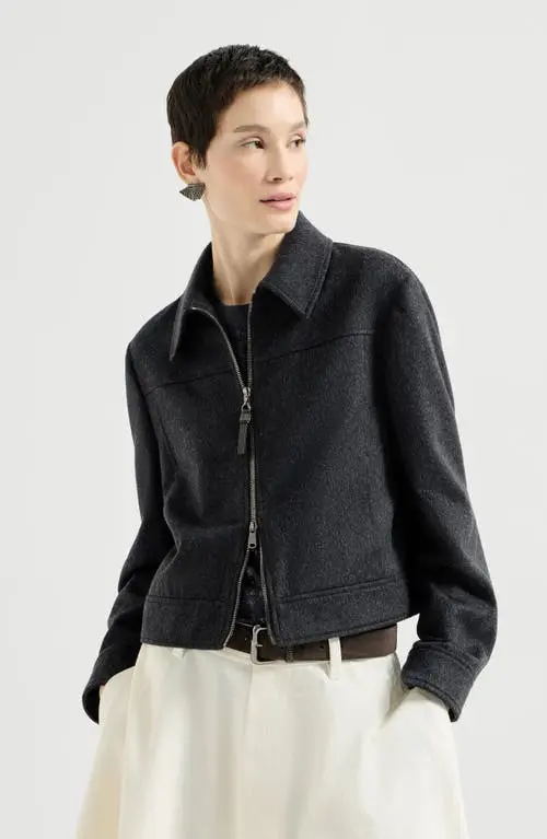 Brunello Cucinelli Wool Flannel Outerwear Jacket With Shiny Zipper Pull - Anthracite