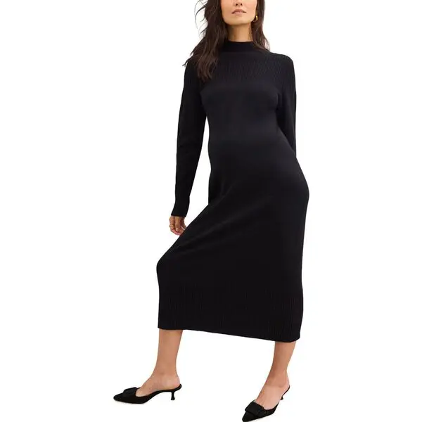 Hatch Collection Peyton Mockneck Sweater Dress In Merino Wool - Black