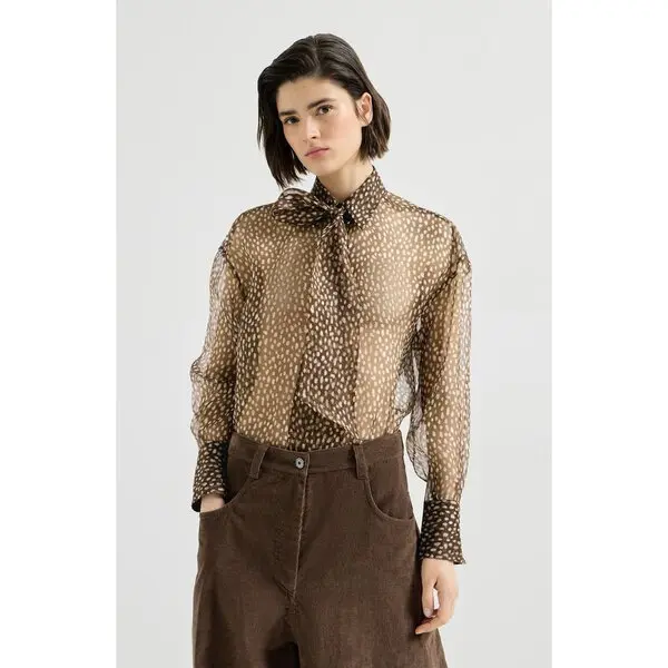 Brunello Cucinelli Dapple Silk Organza Shirt With Neck Tie - Chocolate