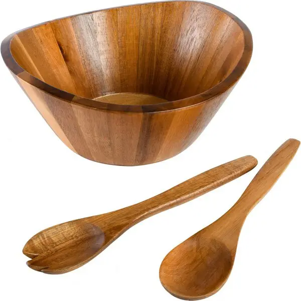 GIBSON HOME Sherwood Salad Bowl With Matching Serving Spoon & Fork - Brown