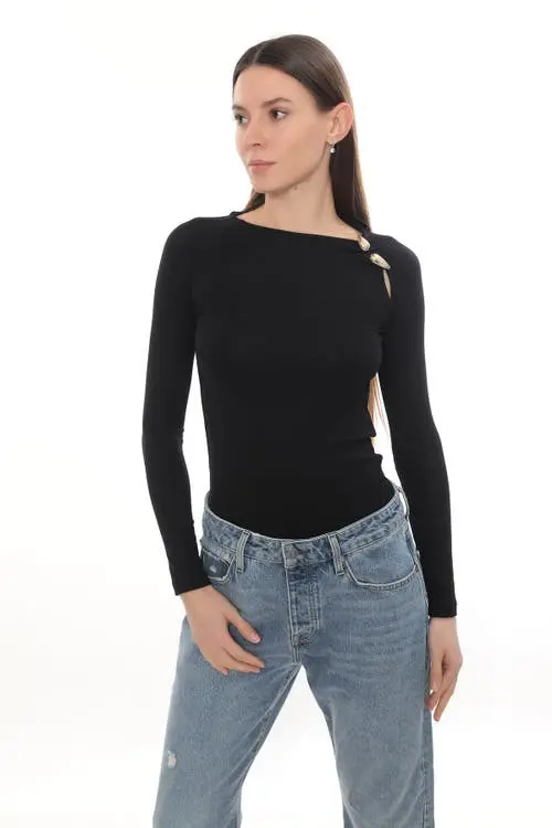 MONLICIA Gold Detail Long Sleeve Stretch Cielo Top - Black