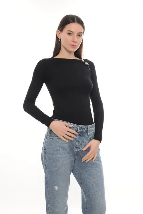 MONLICIA Gold Detail Long Sleeve Stretch Cielo Top