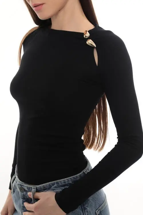 MONLICIA Gold Detail Long Sleeve Stretch Top - Black