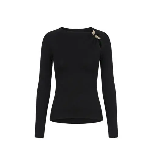 MONLICIA Cielo Gold Detail Cutout Long Sleeve Stretch Top - Black
