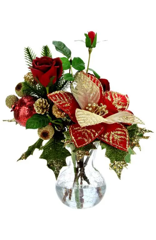 MARK ROBERTS Vase Of Poinsettia And Floral - Red