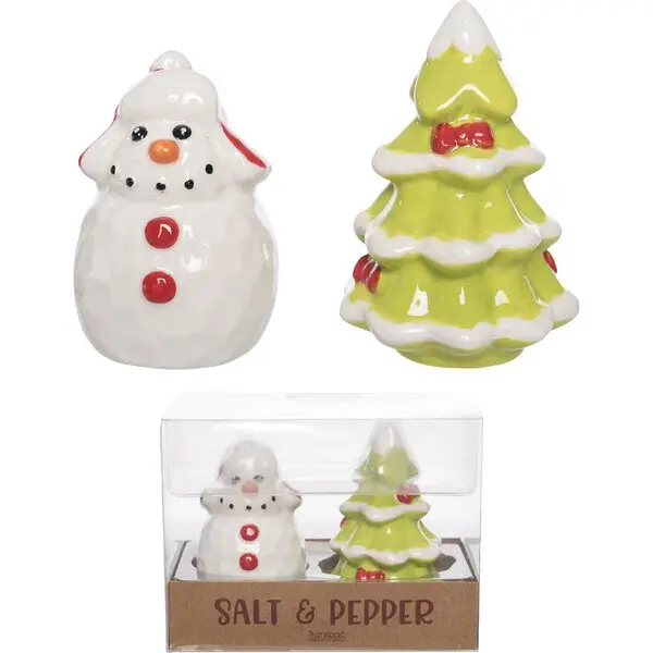 TRANSPAC Ceramic Snowman And Tree Salt And Pepper Shaker Set Multicolor