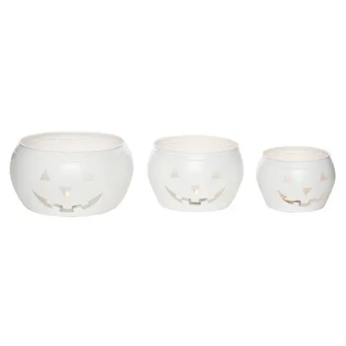 TRANSPAC Halloween Jack-o-lantern Tealight Candle Holder Set Of 3 - White