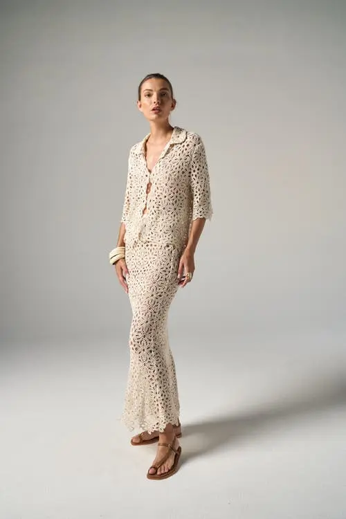 JBQ Maud Beaded Macramé Full Length Skirt - Oat