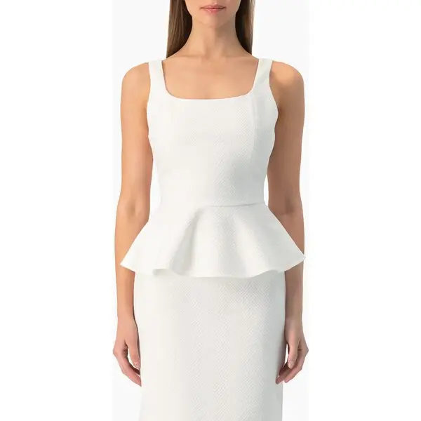 IVONNE Herringbone Jacquard Square-neck Sleeveless Peplum Top - White