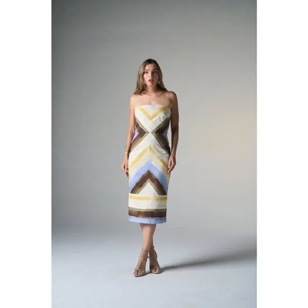 JBQ Audrey Strapless Fitted Midi Dress With Slit - Blue Multi
