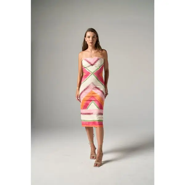 JBQ Audrey Strapless Fitted Midi Dress With Slit - Pink Multi