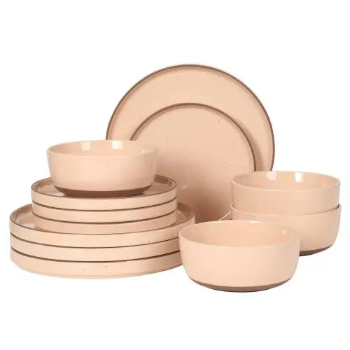 GIBSON ELITE Northrock 12-piece Stoneware Plates And Bowls Dinnerware Set - Peach