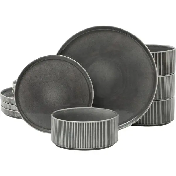 GIBSON ELITE Solana Coast 12-piece Reactive Glaze Embossed Stoneware Dinnerware Set - Black
