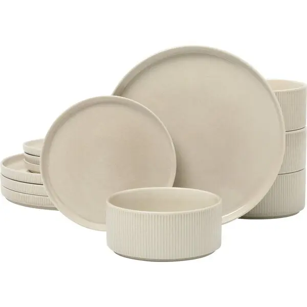 GIBSON ELITE Solana Coast 12-piece Reactive Glaze Embossed Stoneware Dinnerware Set - Whie