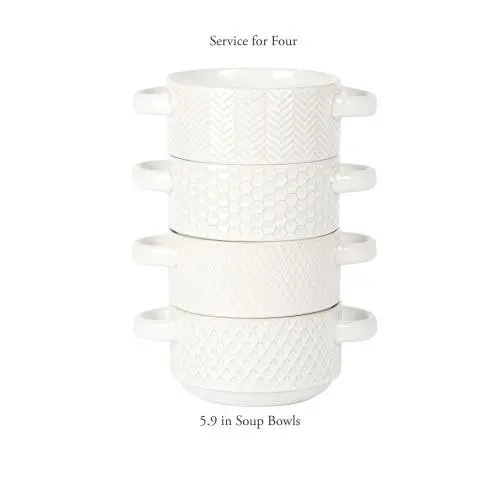 GIBSON ELITE Oyster Tide 4-piece Embossed Reactive Glaze Stoneware Soup Bowl Set - White