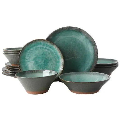 GIBSON ELITE Lantern 16-piece Terracotta Reactive Glaze Dinnerware Set - Green