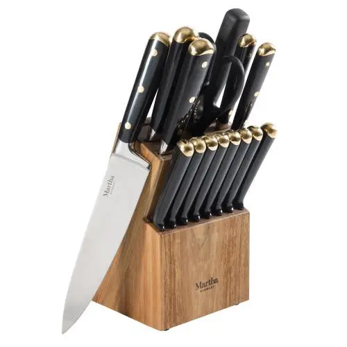 MARTHA STEWART Lockton 16-piece High-carbon Stainless Steel Knife Block Set With Acacia Wood Block - Black/gold