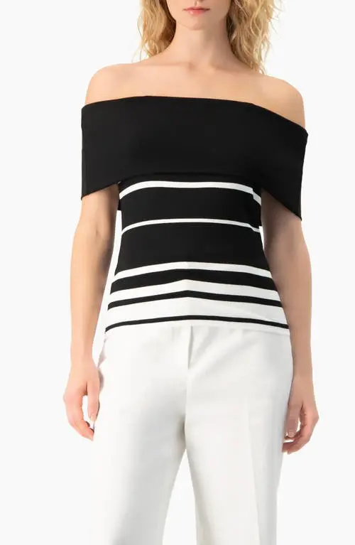 IVONNE Bardot Stripe Off-shoulder Short-sleeve Knit Top - Black