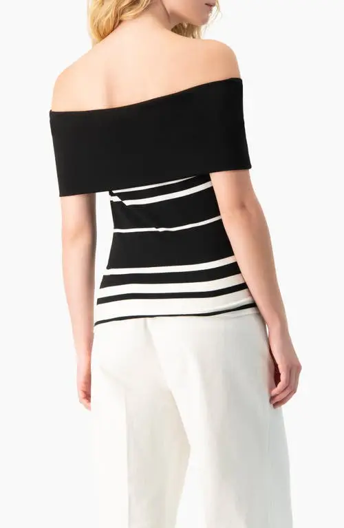 IVONNE Bardot Stripe Off-shoulder Short-sleeve Knit Top