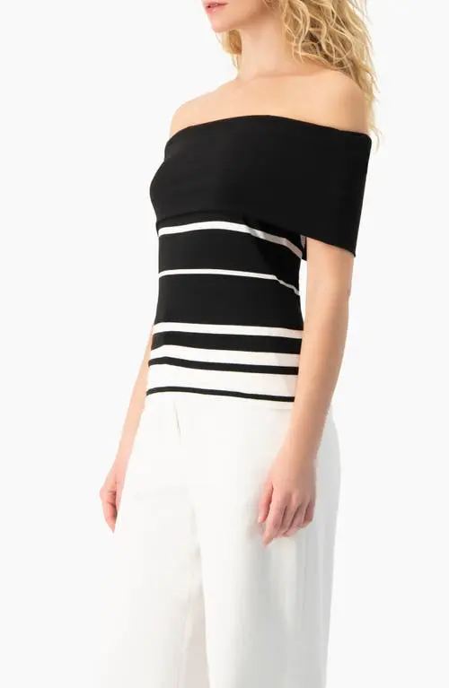 IVONNE Bardot Stripe Off-shoulder Short-sleeve Knit Top