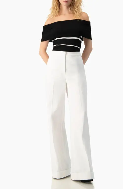 IVONNE Bardot Stripe Off-shoulder Short-sleeve Knit Top
