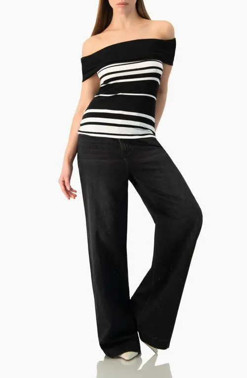 IVONNE Bardot Stripe Off-shoulder Short-sleeve Knit Top