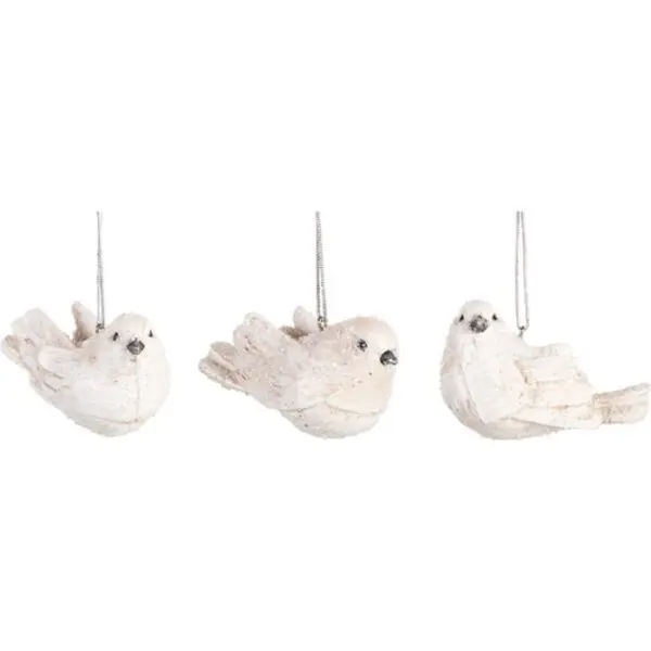 TRANSPAC Resin And Pewter Bird Ornament Set Of Three Christmas Decor - White