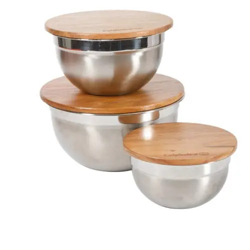 CALPHALON Versa 3-piece Stainless Steel Mixing Bowl Set With Acacia Wood Lids - Silver