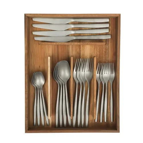 BLOOMHOUSE 20 Piece Stone Washed Flatware 18/10 Stainless Steel Silverware Cutlery Utensil Set With Acacia Wood Caddy - Stone Washed Silver