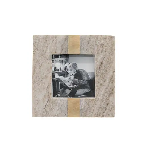 FORESIDE HOME AND GARDEN 4x4 Marble & Brass Inlay Luxury Premium Square Photo Picture Frame - Beige