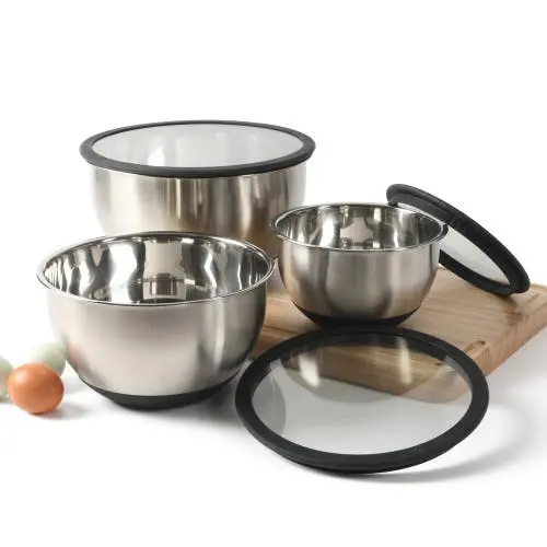 CALPHALON Orbit 3-piece Stainless Steel Mixing Bowl Set With Glass Lids - Silver