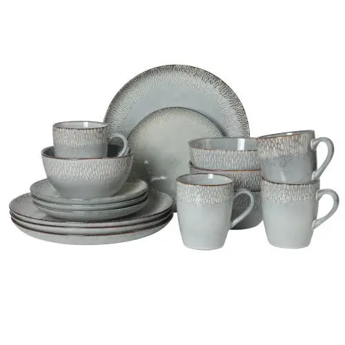 GIBSON ELITE Jasper 16 Piece Plates And Bowls Reactive Glaze Dishes Stoneware Ceramic Dinnerware Setservice For 4 - Grey