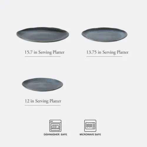 GIBSON ELITE Dawson Mill 3-piece Oval Reactive Glaze Stoneware Serving Platter Set - Blue