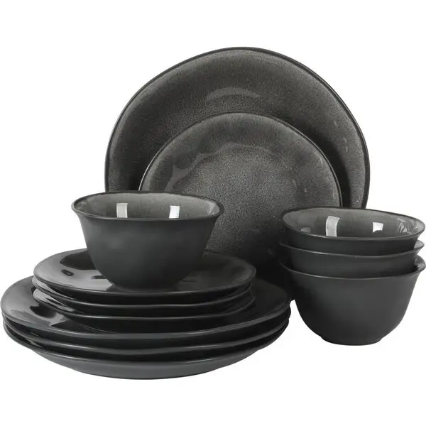 GIBSON ELITE Port Barton 12-piece Reactive Glaze Stoneware Dinnerware Set - Charcoal