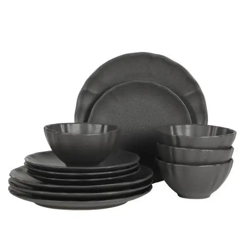 GIBSON ELITE Vista Rossio 12-piece Scalloped Edge Stoneware Dinnerware Set - Black