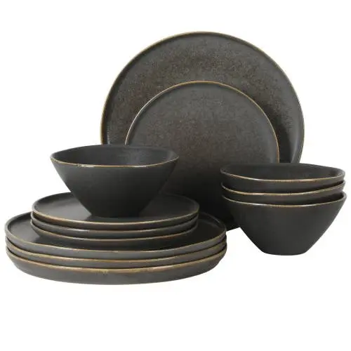 GIBSON ELITE Coastal Forest 12-piece Triple Reactive Glaze Stoneware Dinnerware Set - Grey