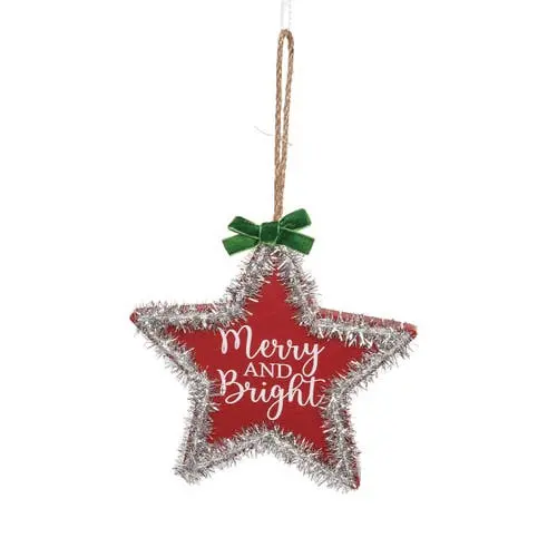 TRANSPAC Merry Bright Star Ornament Tinsel Christmas Tree Decoration - Red