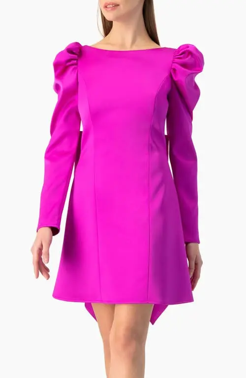 IVONNE Puff-sleeve Open-back Bow Mini Dress In Satin