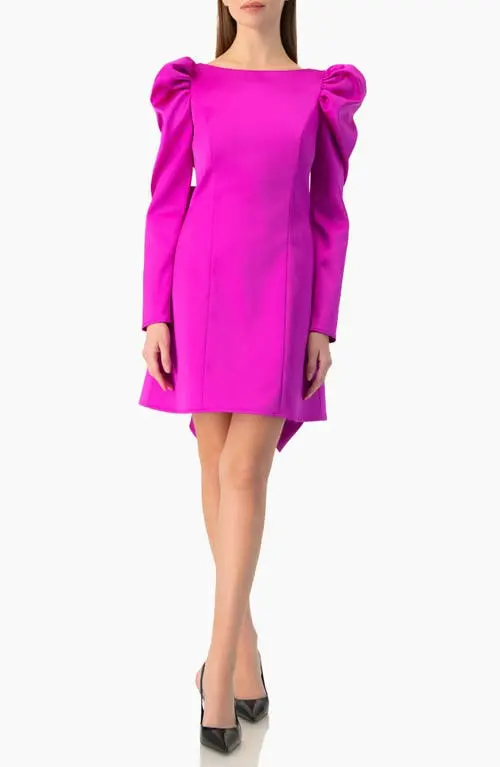 IVONNE Puff-sleeve Open-back Bow Mini Dress In Satin
